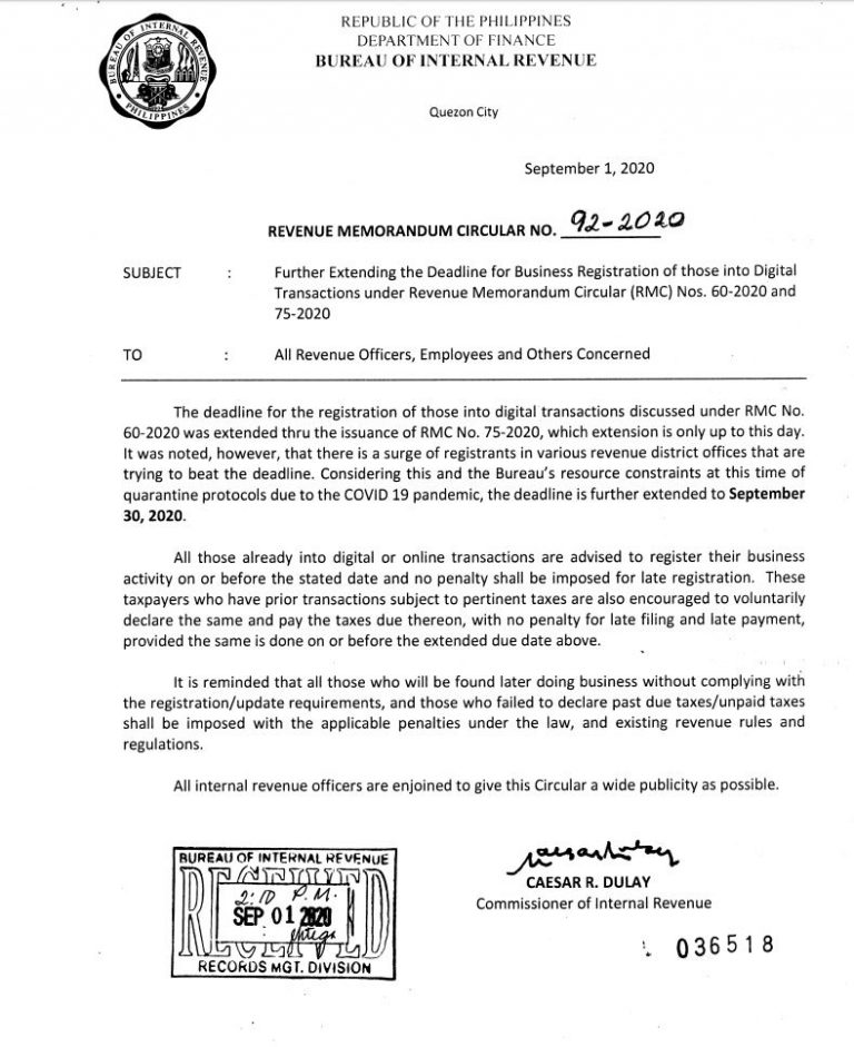BIR Extends Registration Deadline Of Online Sellers To September 30